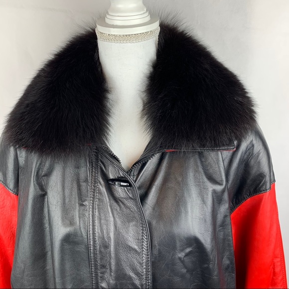 Vintage | Jackets & Coats | Vtg Red Black Leather Oversized Fur Collar ...